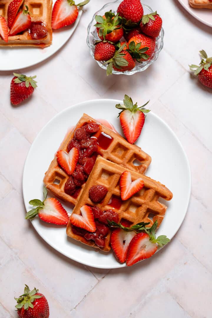 Pink Waffles with Strawberry Syrup - The Healthful Ideas